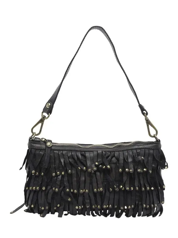 CAMPOMAGGI Zippered Shoulder Bag With Fringe And Studs - Black