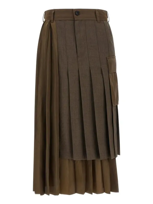 Sacai Asymmetrical Pleated Skirt With Cargo Pockets - Brown