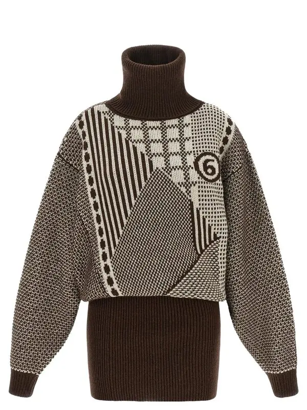 MAISON MARGIELA Long Sleeve High Neck Knit Dress - Brown