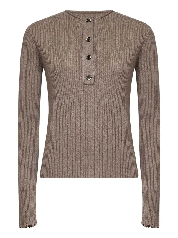 UMA WANG Button-detail Ribbed Sweater With Distressed Cuffs - Brown