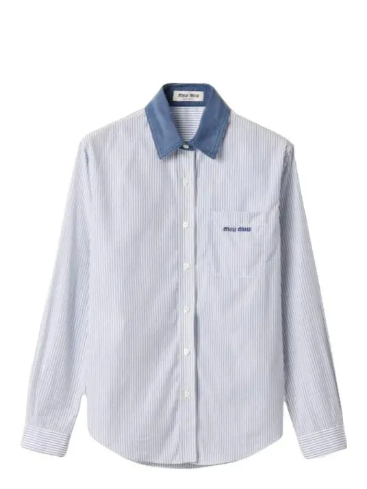 Miu Miu Striped Poplin Shirt With Contrast Collar - Blue/white