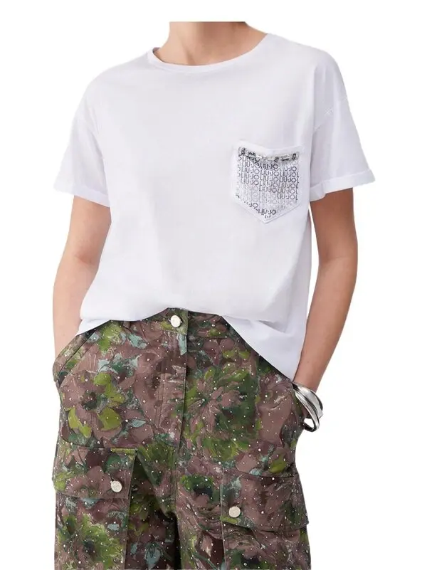 Liu Jo Crewneck T-shirt With Embellished Pocket - White