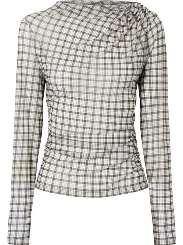 Veronica Beard Nuvina Gathered Checked Stretch-mesh Blouse - Green