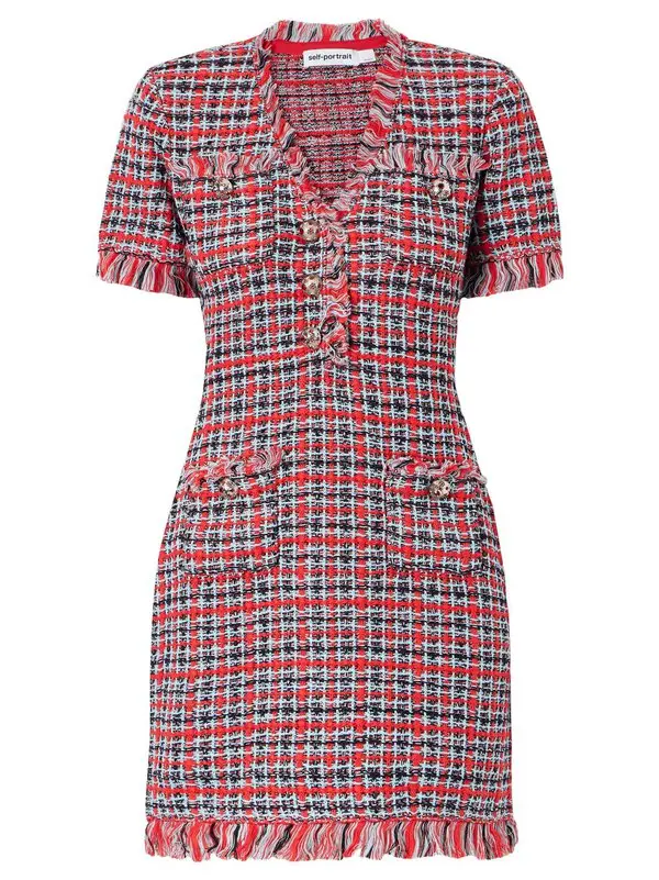 SELF-PORTRAIT Checked Frayed Cotton-blend Mini Dress - Red