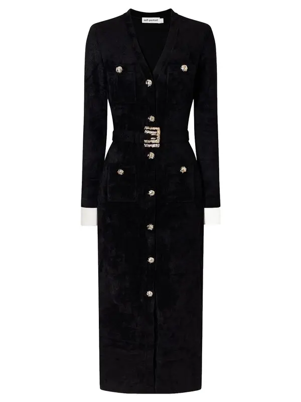 SELF-PORTRAIT Belted Chenille Midi Dress - Black