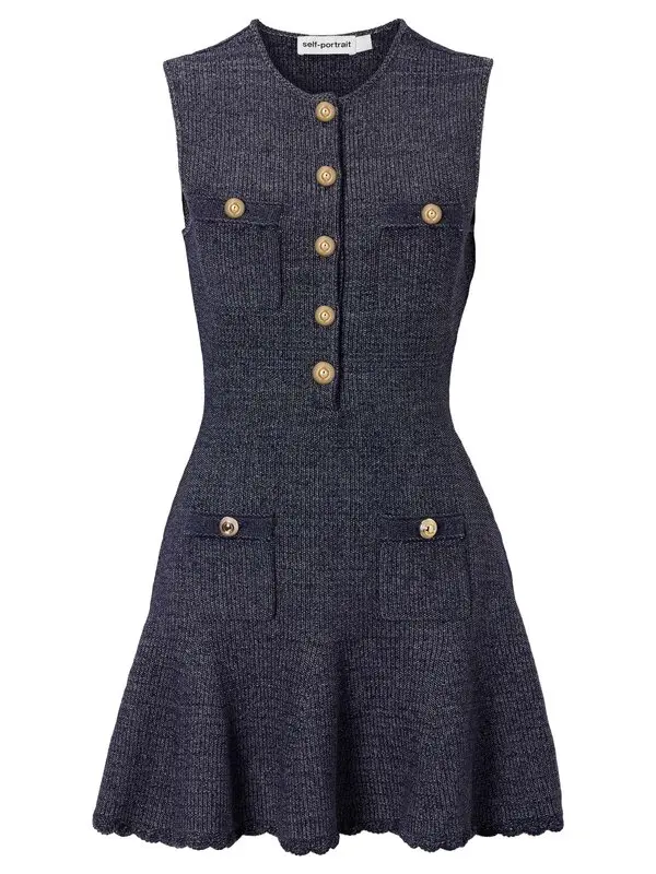 SELF-PORTRAIT Scalloped Knitted Cotton-blend Mini Dress - Navy
