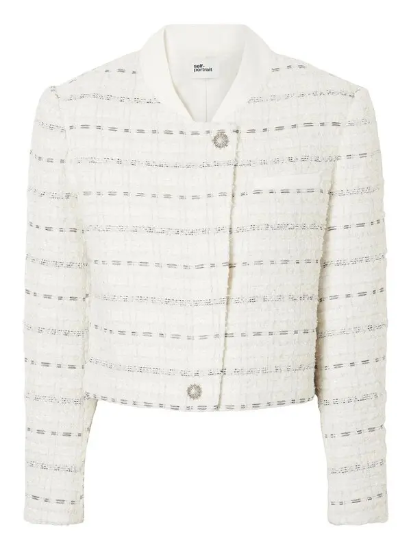 SELF-PORTRAIT Cropped Metallic Bouclé Jacket With Diamanté Buttons - White