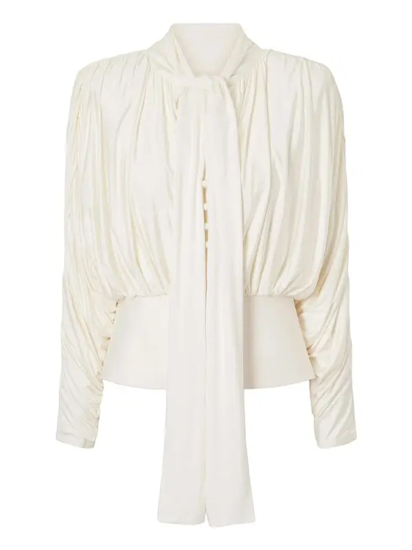 SELF-PORTRAIT Tie-detailed Gathered Stretch-jersey Blouse - Cream