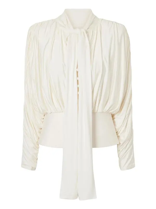 SELF-PORTRAIT Tie-detailed Gathered Stretch-jersey Blouse - Neutrals