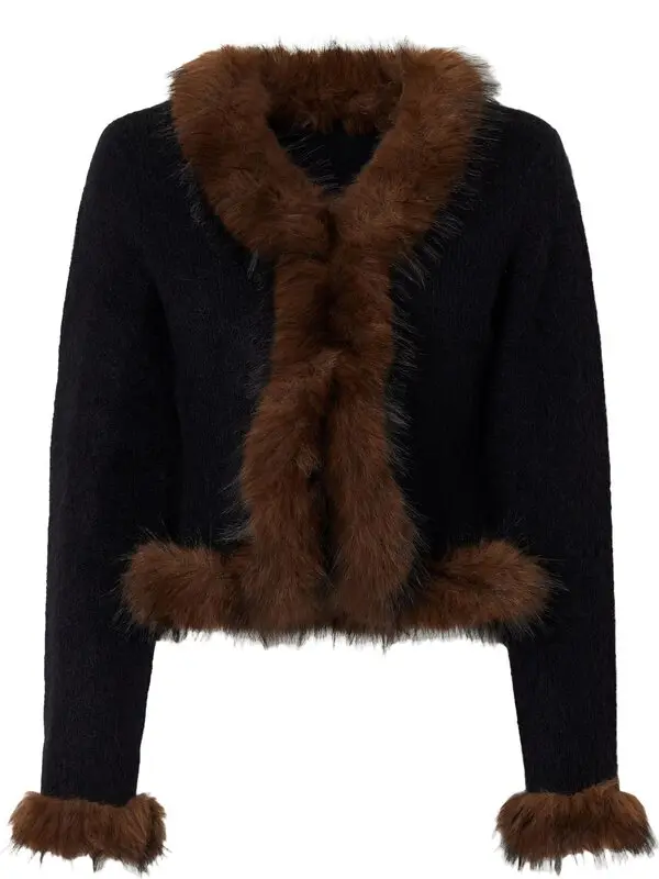 SELF-PORTRAIT Plush-trimmed Knitted Cardigan - Black