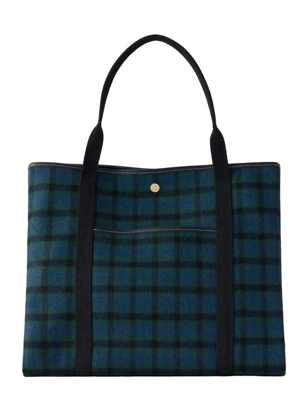 Rue De Verneuil Traversée Checked Canvas Tote With Leather Trim - Midnight Blue