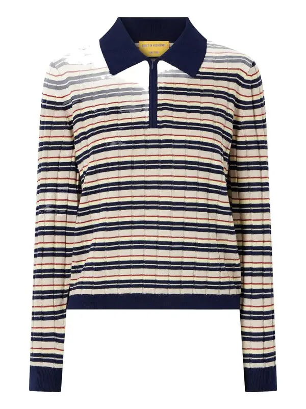 Guest In Residence Striped Silk And Linen-blend Polo Shirt - Blue