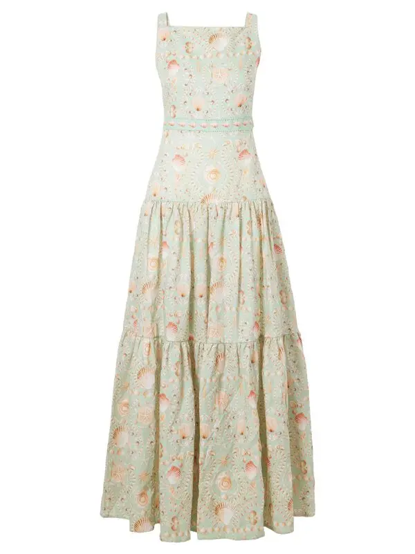 Agua Bendita Abeja Playa' Printed Linen Maxi Dress - Green