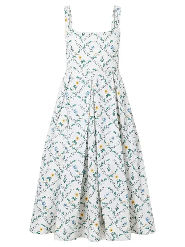 Agua Bendita Alcaparra Brisa Floral-print Embellished Cotton Midi Dress - Cream