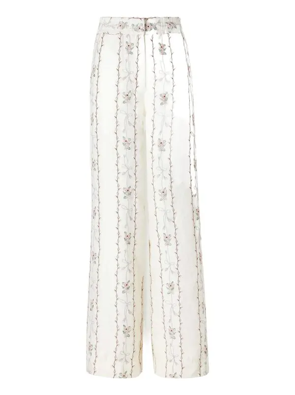 Agua Bendita Tota Navegante Floral Embroidered Linen Wide-leg Pants - Cream