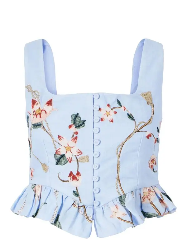 Agua Bendita Floral Embroidered Cropped Top - Blue