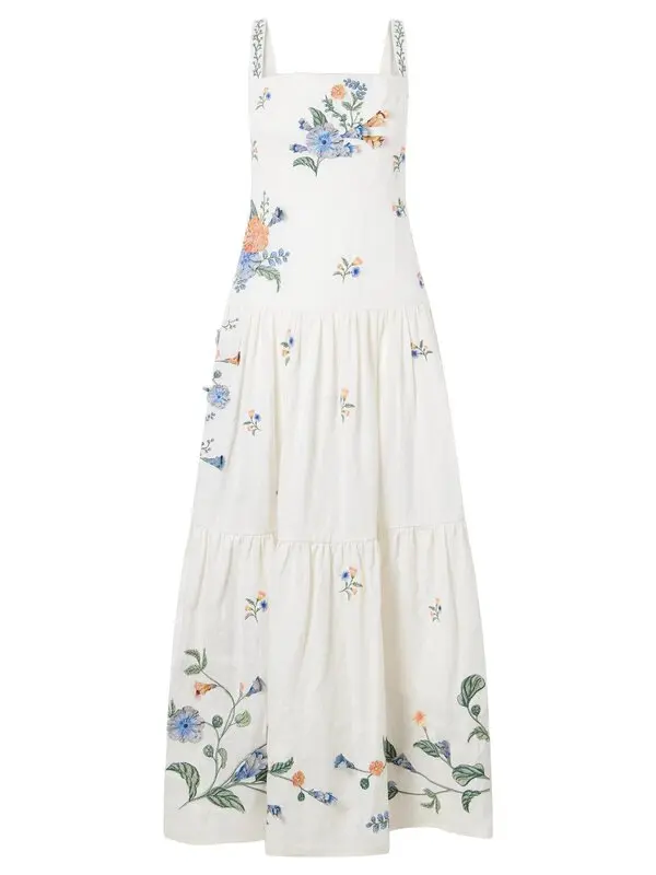 Agua Bendita Lima Brisa Floral Embroidered Linen Maxi Dress - Neutrals