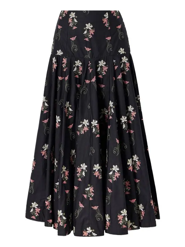 Agua Bendita Floral-embroidered Cotton Maxi Skirt - Black