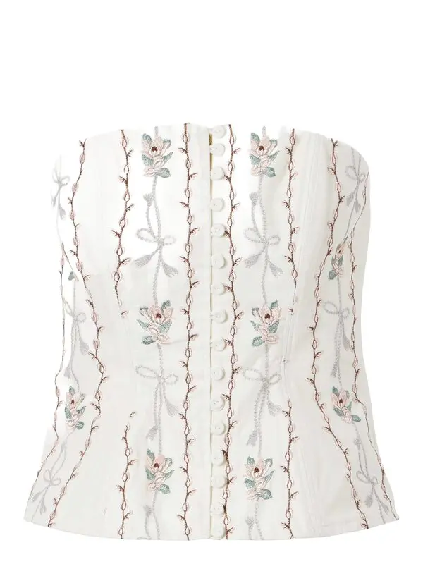 Agua Bendita Abelia Navegante Floral-embroidered Linen Corset Top - Cream