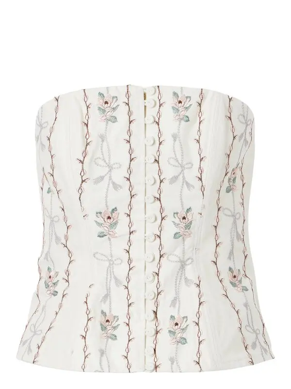 Agua Bendita Abelia Navegante Floral-embroidered Linen Corset Top - Neutrals