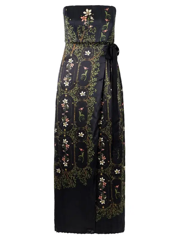 Agua Bendita Floral-print Embellished Satin Midi Dress - Black