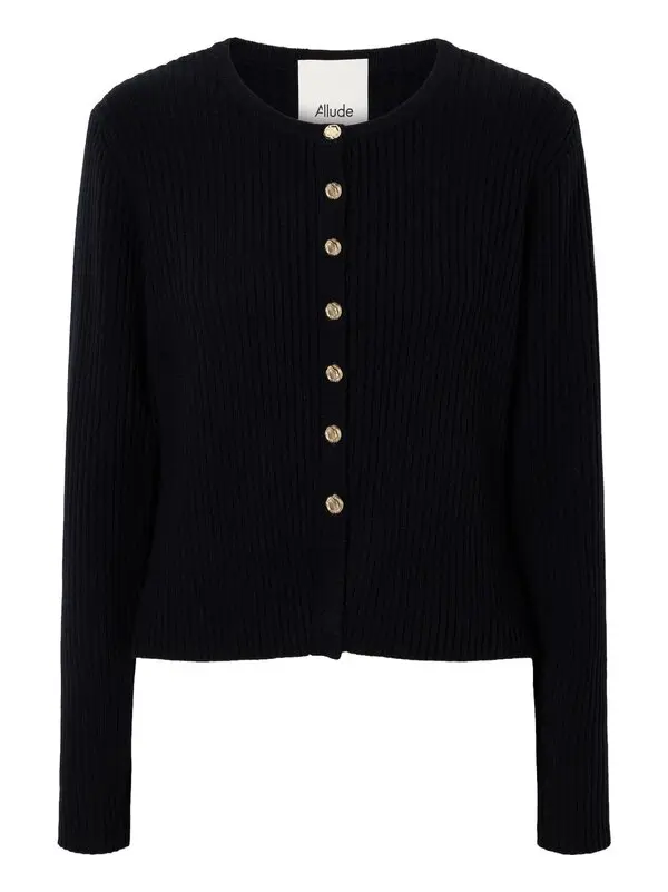 ALLUDE Ribbed Wool And Cashmere-blend Cropped Cardigan With Gold-tone Buttons - Black
