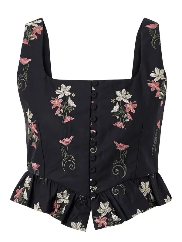 Agua Bendita Eslabón Noche Floral-embroidered Cropped Top - Black