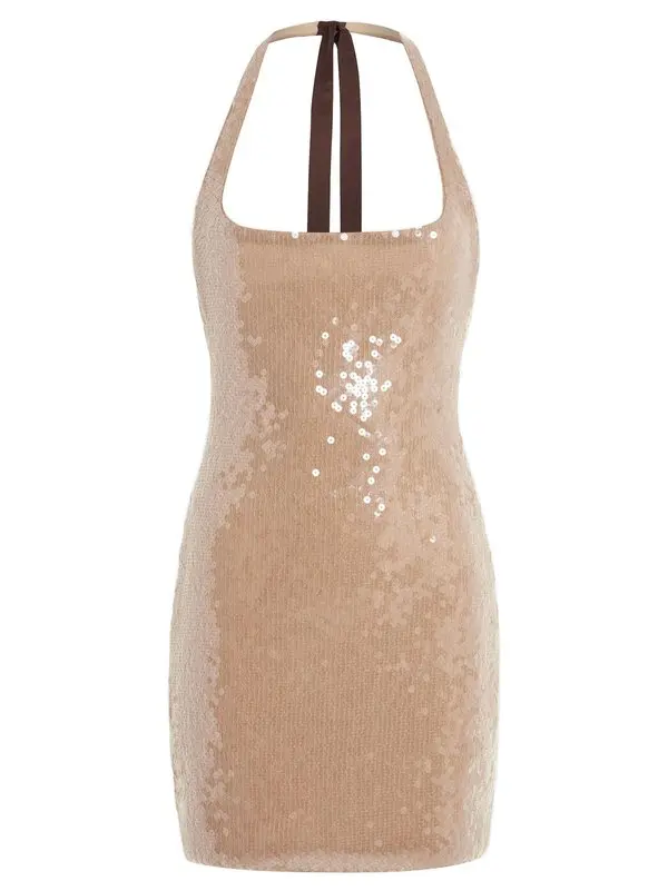 16Arlington Syre Mini Dress With Halterneck And Satin Ties - Beige