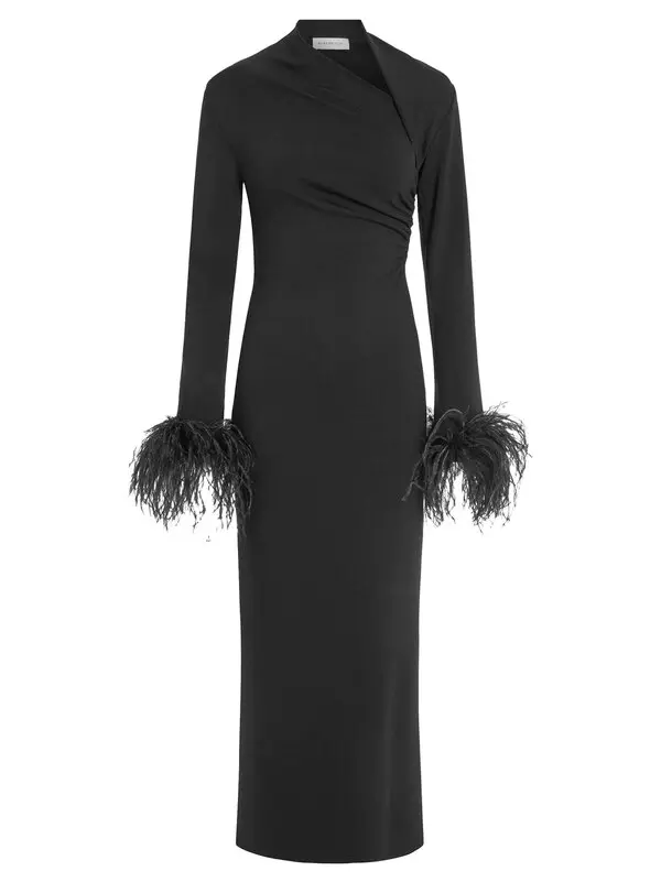 16Arlington Yola Midi Dress With Feather Trim - Black