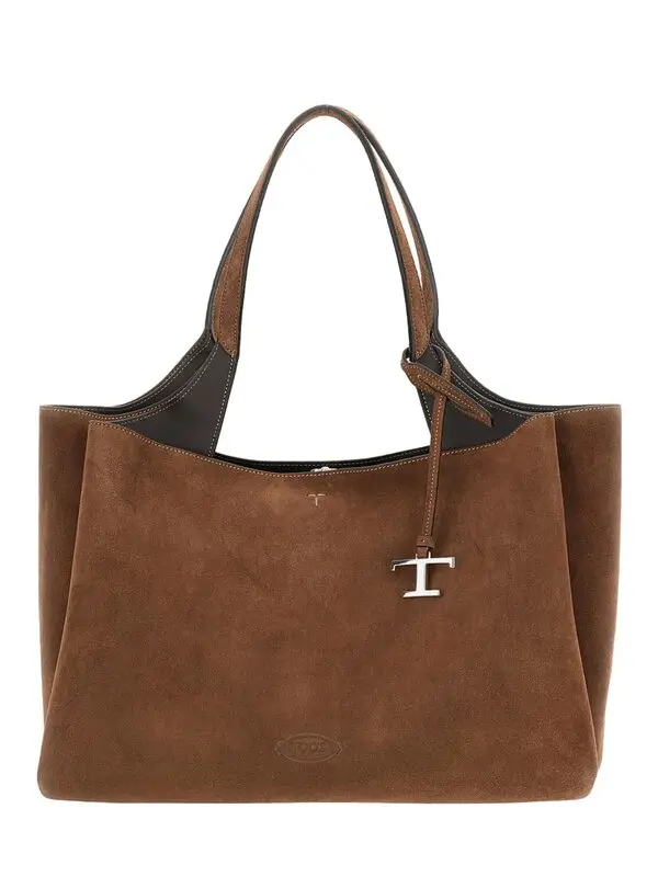 TOD'S Medium Suede Leather Bag With T Timeless Pendant - Brown