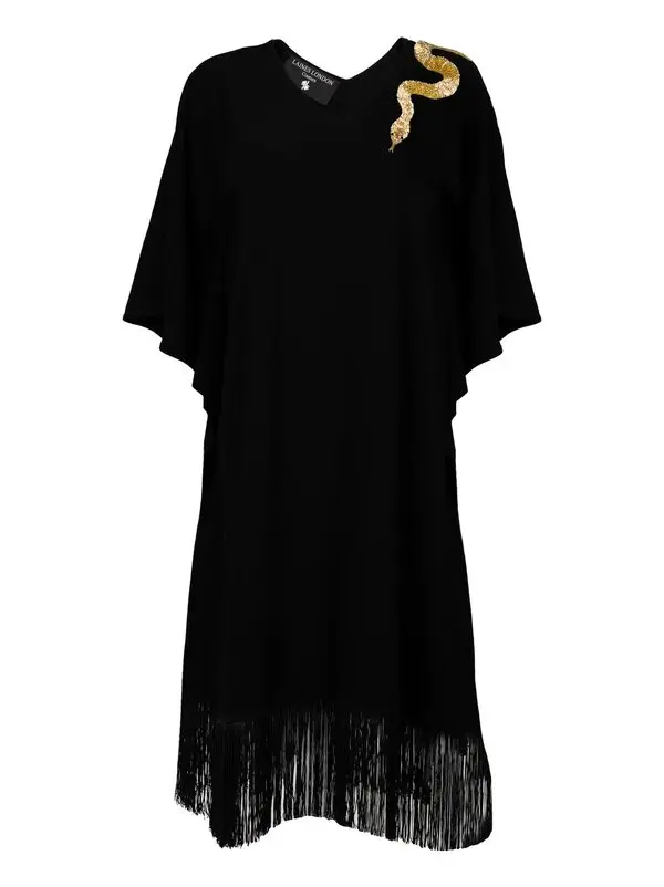 HOUSE OF LAINES LONDON Black / Gold Laines Couture Fringed Kaftan With Hand Embellished Gold Shoulder Snake - Black/gold