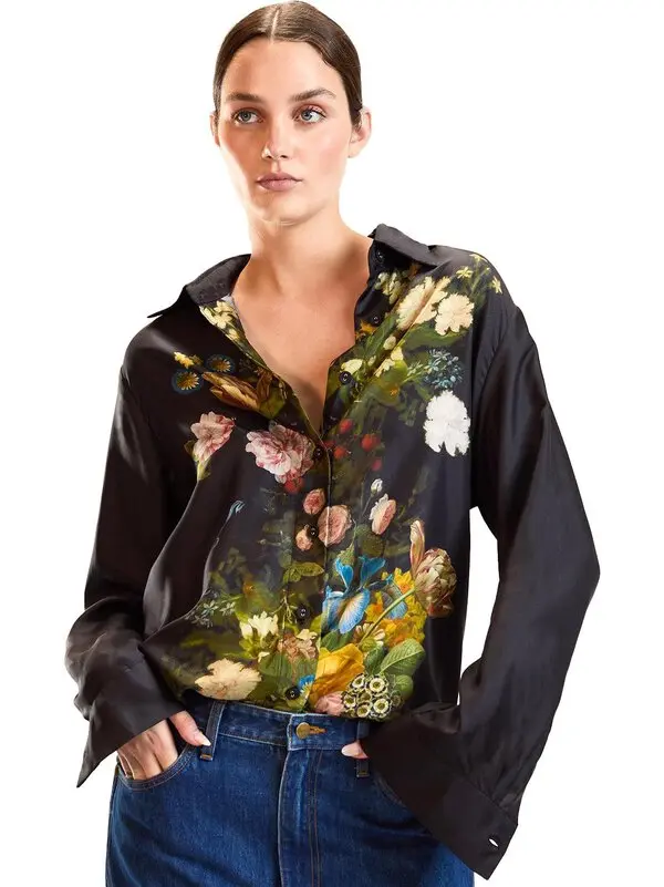 Cynthia Rowley Floral Print Silk Shirt - Black