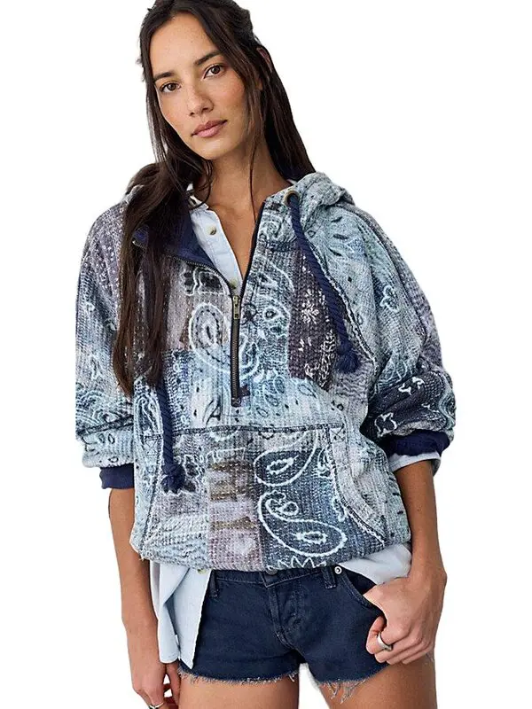 Free People We The Free Ghost Ranch Hoodie With Waffle Knit And Contrast Stitching - Indigo Combo