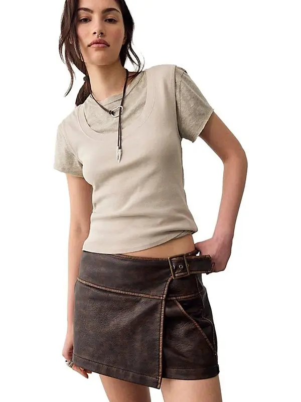 Free People We The Free Suki Vegan Leather Belted Wrap Mini Skirt - Brown