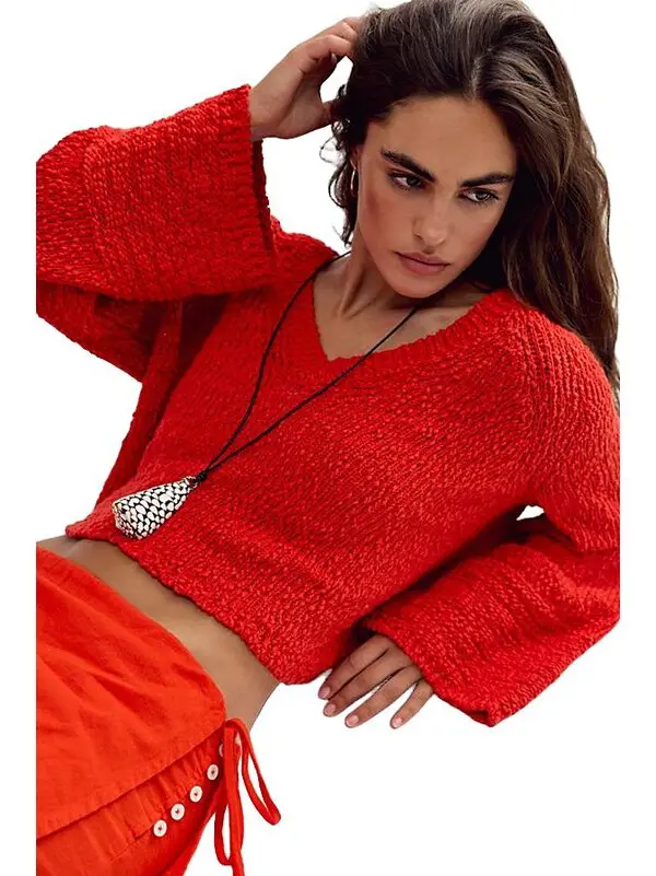 Free People Heartland Cotton Pullover Sweater - Spicy