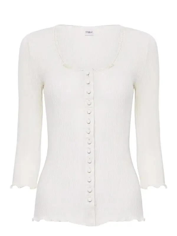 Chloé Fitted Ribbed Cotton And Silk Jersey Top With Decorative Trim - Cream