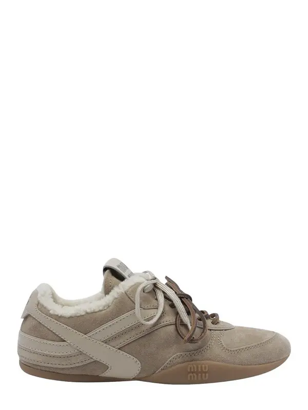 Miu Miu Suede And Shearling Trimmed Lace-up Sneakers - Cream