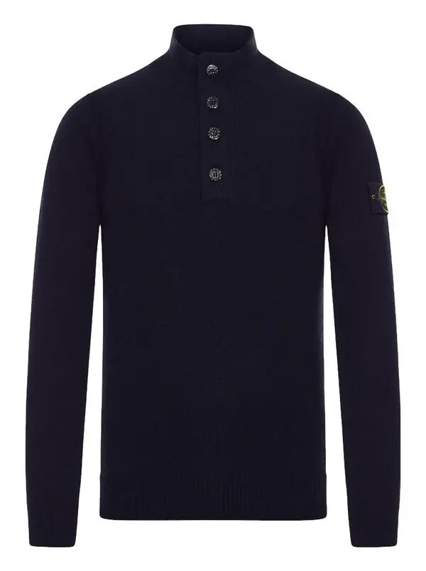 Stone Island High Neck Long Sleeve Wool Blend Knit Polo - Blue