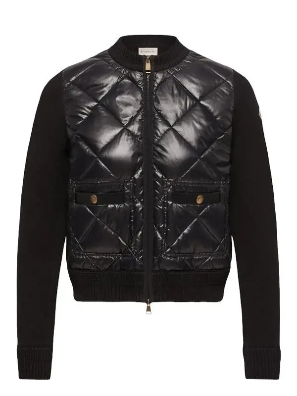 Moncler Diamond Quilted Bomber Jacket With Knitted Sleeves - Black