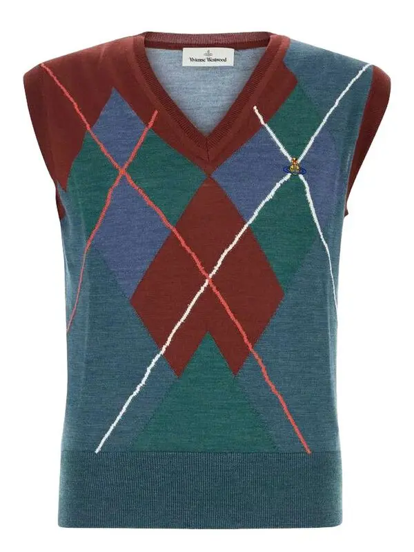 VIVIENNE WESTWOOD Argyle Pattern V-neck Sleeveless Wool Blend Sweater Vest - Blue