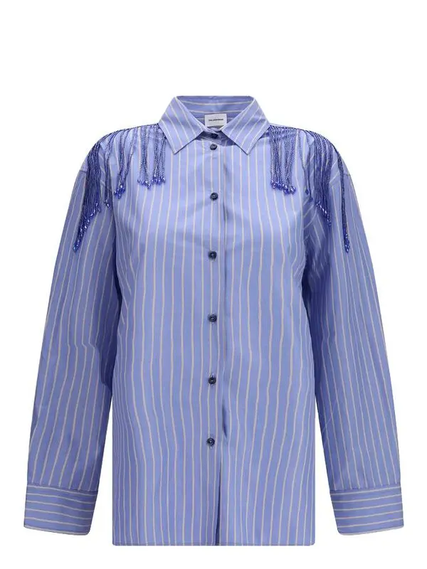 Andamane Vertical Stripe Beaded Fringe Shirt - Blue
