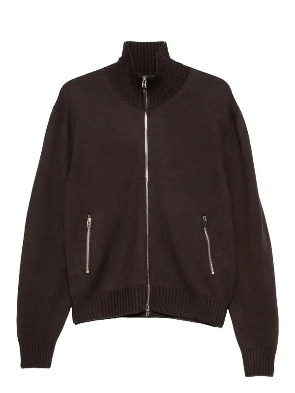 TOM FORD High Neck Zip-up Cardigan With Leather Elbow Patches - Brown