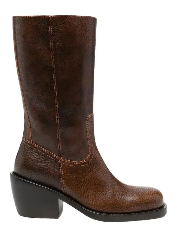 Dries Van Noten Grainy Leather Zip Up Boots With Block Heel - Brown