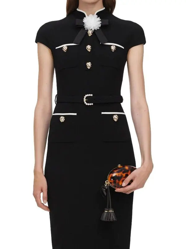 SELF-PORTRAIT Wool Crepe Midi Dress With Bow Corsage And Embellished Buttons - Black