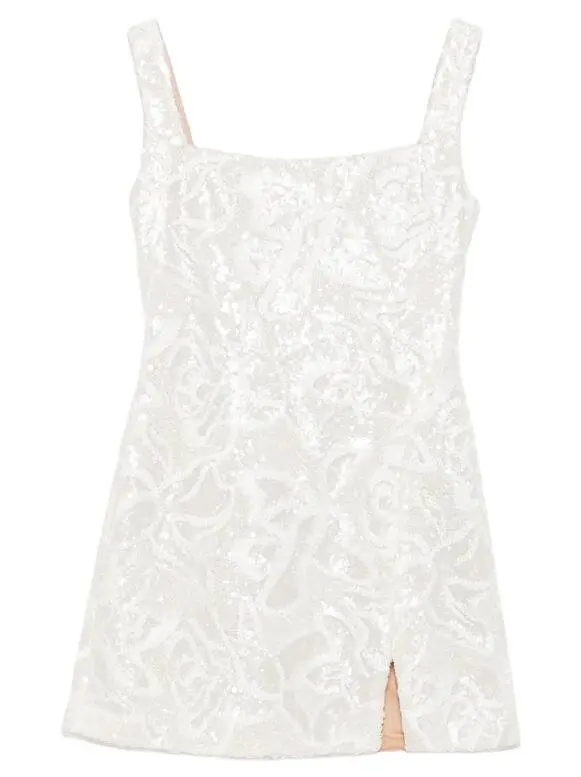 SELF-PORTRAIT Floral Sequin Embellished Square Neck Sleeveless Dress - White