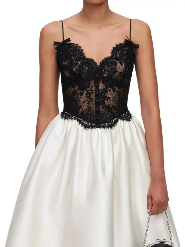 SELF-PORTRAIT Lace Bodice Satin Skirt Dress - Cream
