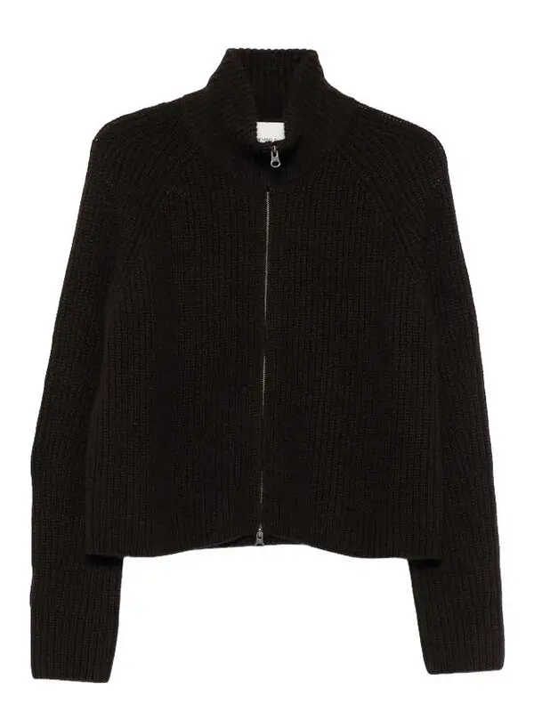 LISA YANG Ribbed Knit Front Zip Cardigan - Black