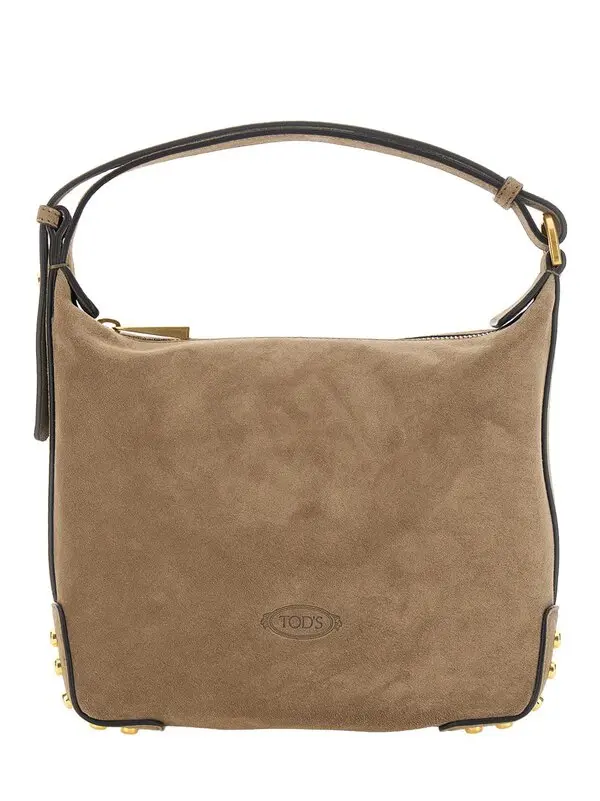 TOD'S Leather Handbag With Zip Closure And Studded Accents - Cream