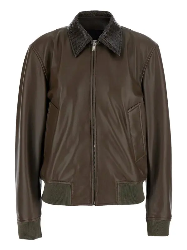 Bottega Veneta Leather Jacket With Woven Collar - Multicolor