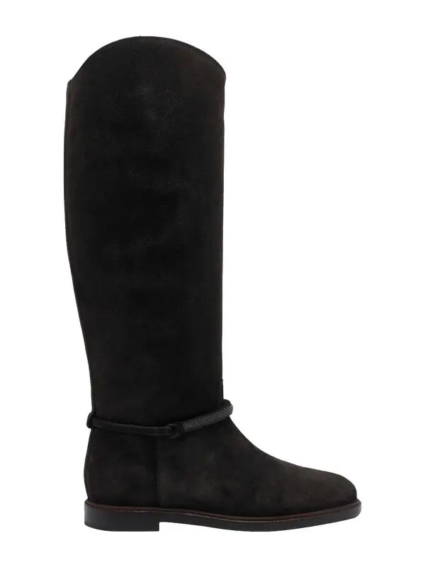 Brunello Cucinelli Knee-high Suede Boots With Precious Strap - Brown
